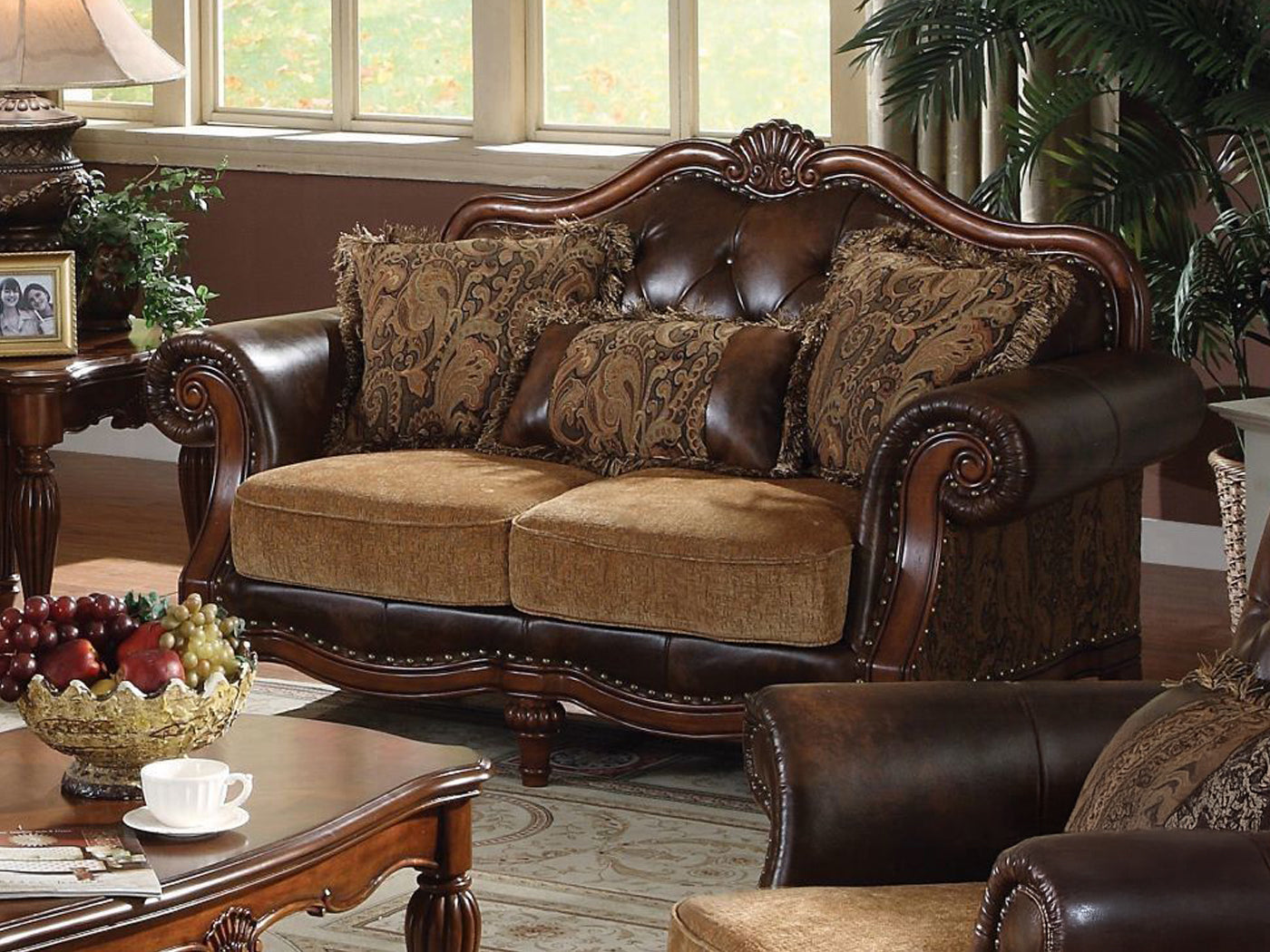 Dreena 70" Wide Faux Leather-Chenille Fabric Traditional Loveseat ...